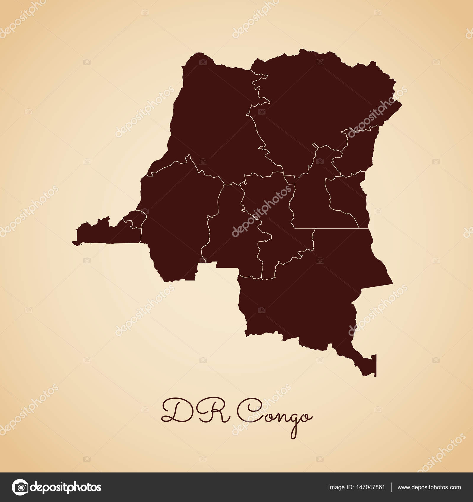 Image vectorielle Carte de la région RD Congo contour brun style rétro ...