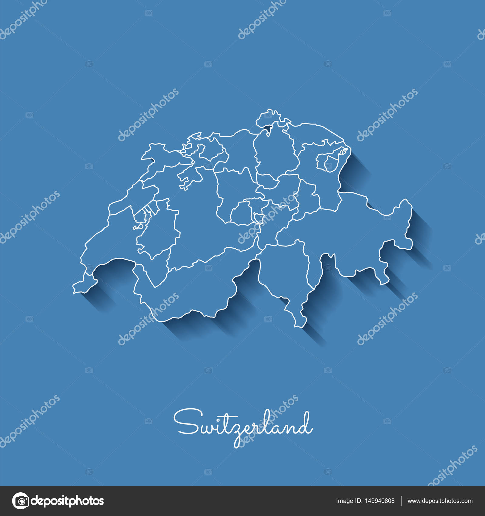 Switzerland region map blue with white outline and shadow on blue ...
