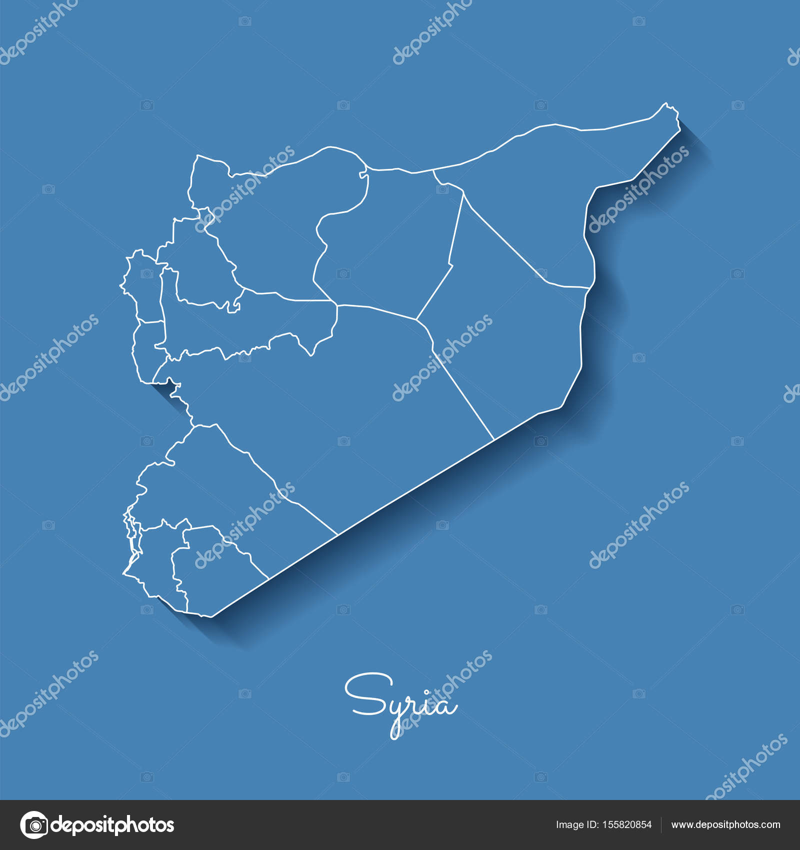 Syria region map blue with white outline and shadow on blue background ...