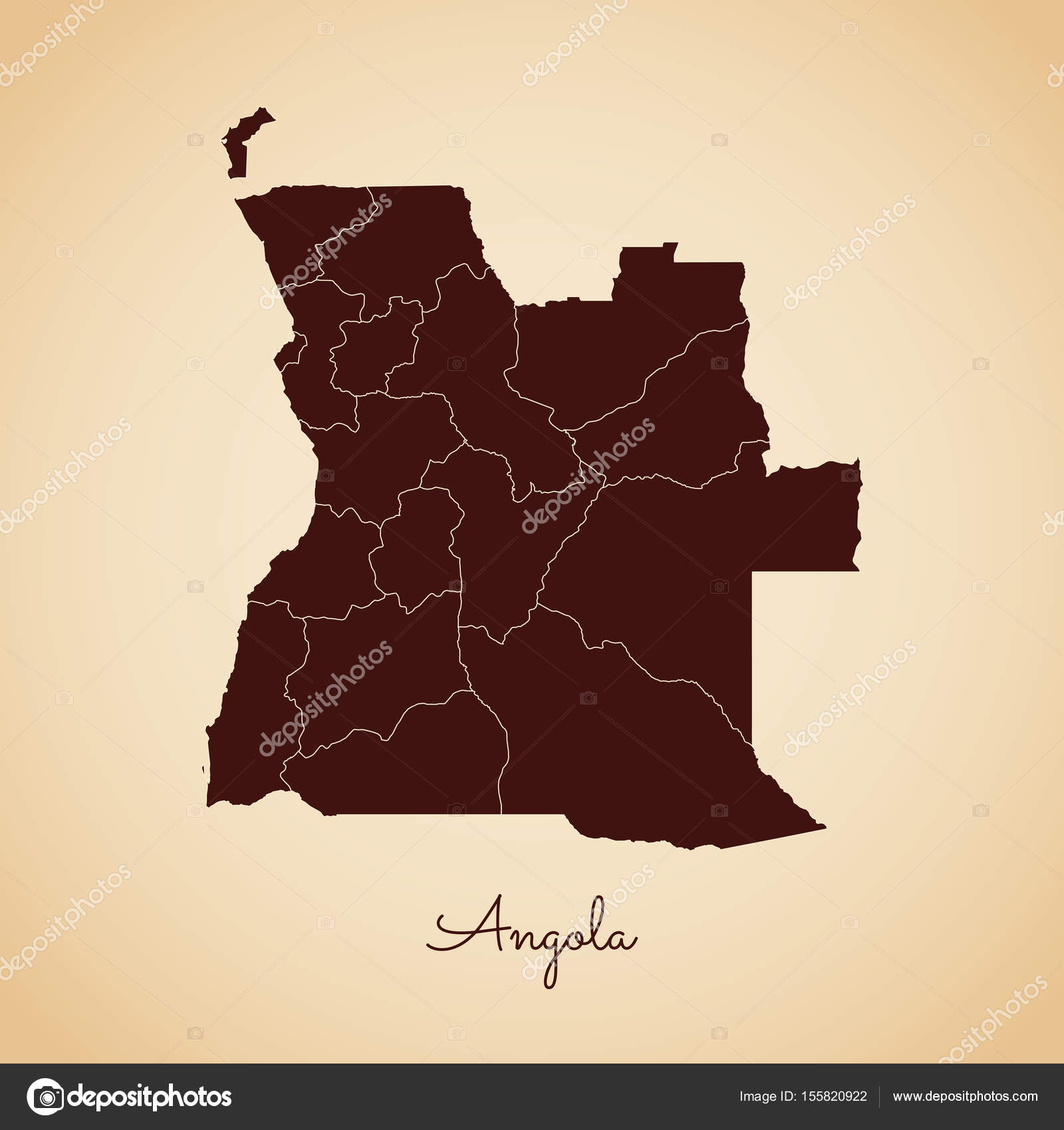 Angola region map retro style brown outline on old paper background ...