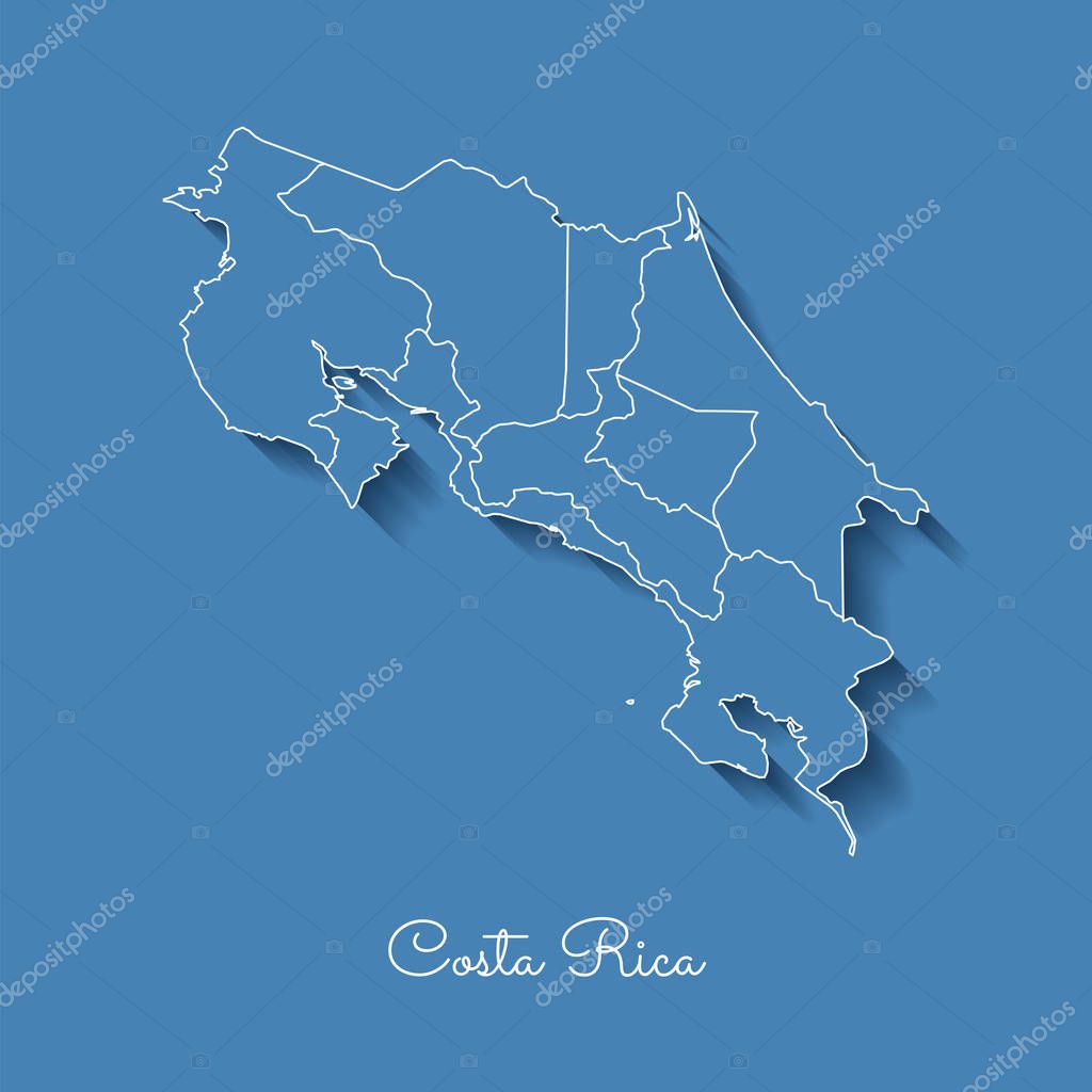 Mapa de Costa Rica región azul con contorno blanco y sombra sobre fondo ...
