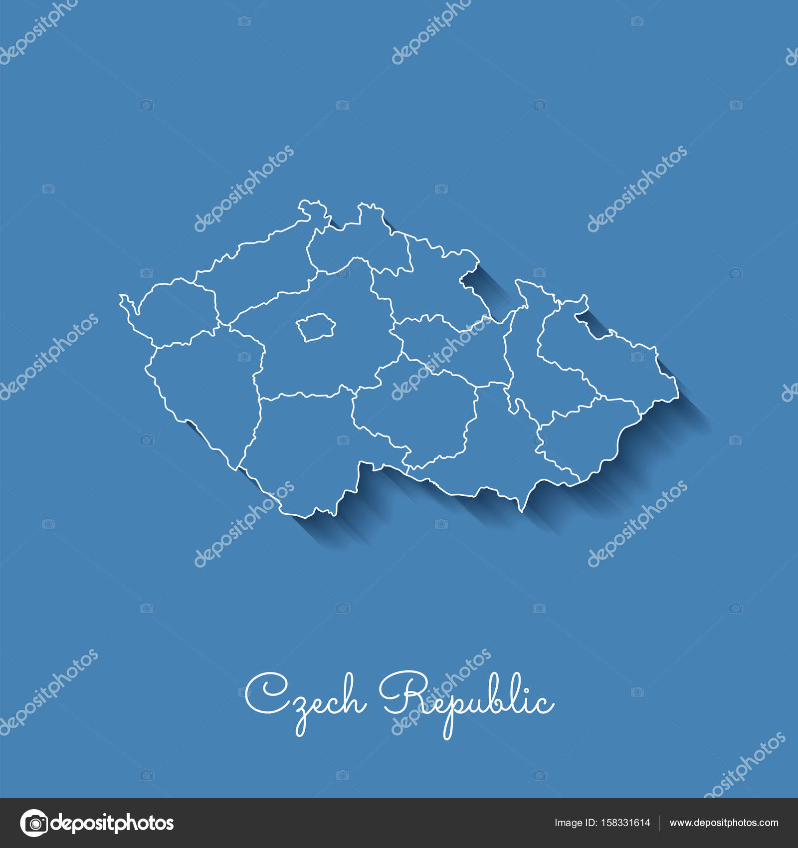 Czech Republic region map blue with white outline and shadow on blue ...