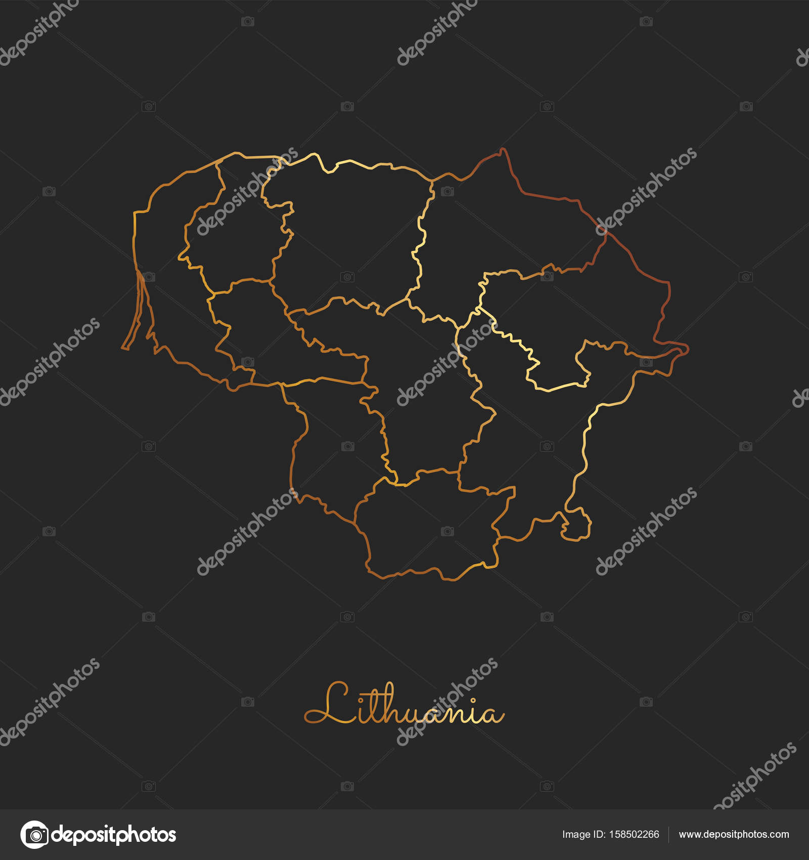 Lithuania region map golden gradient outline on dark background ...
