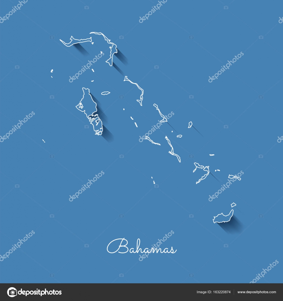 Mapa de Bahamas región azul con contorno blanco y sombra sobre fondo ...