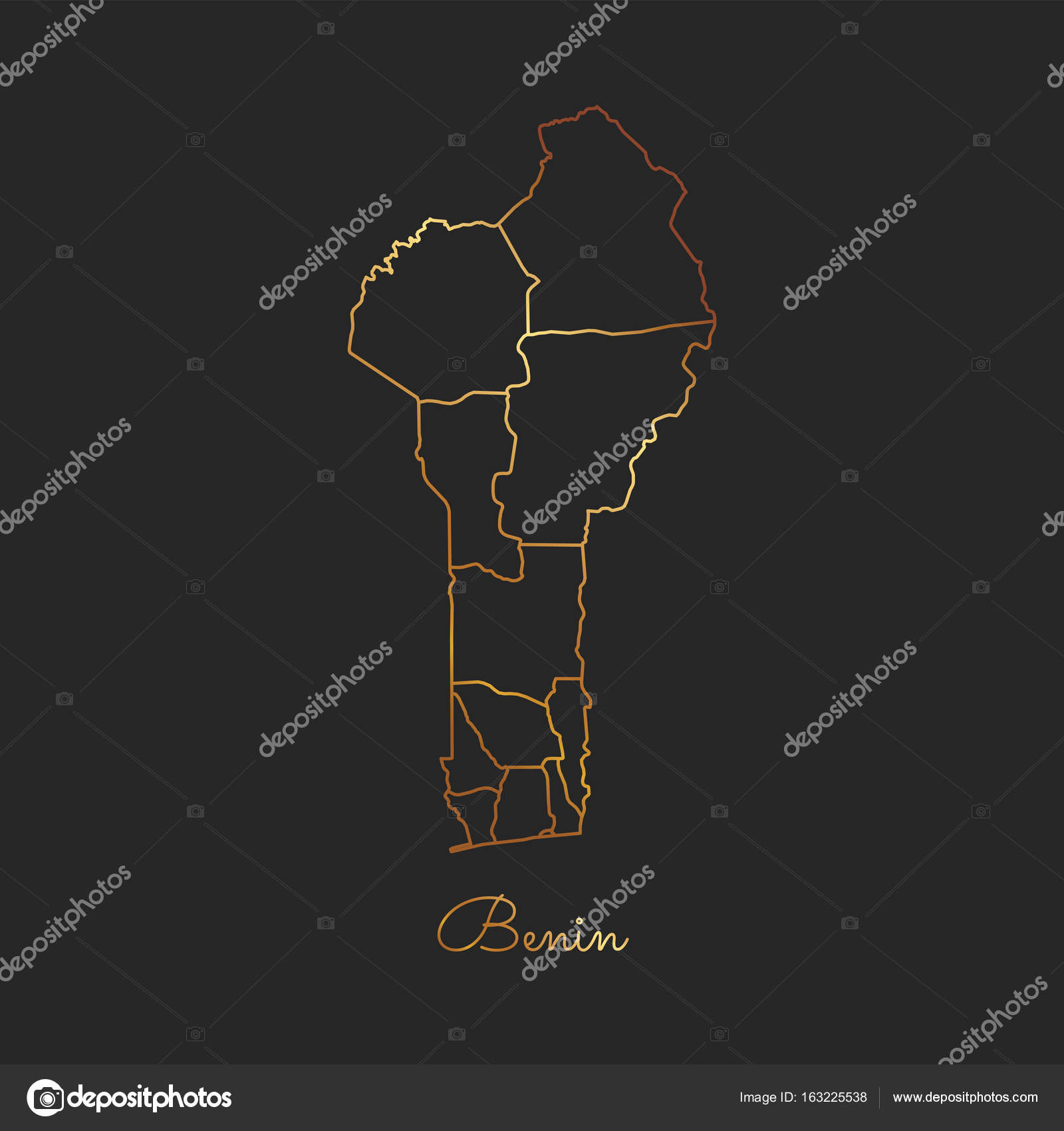 Benin region map golden gradient outline on dark background Detailed ...