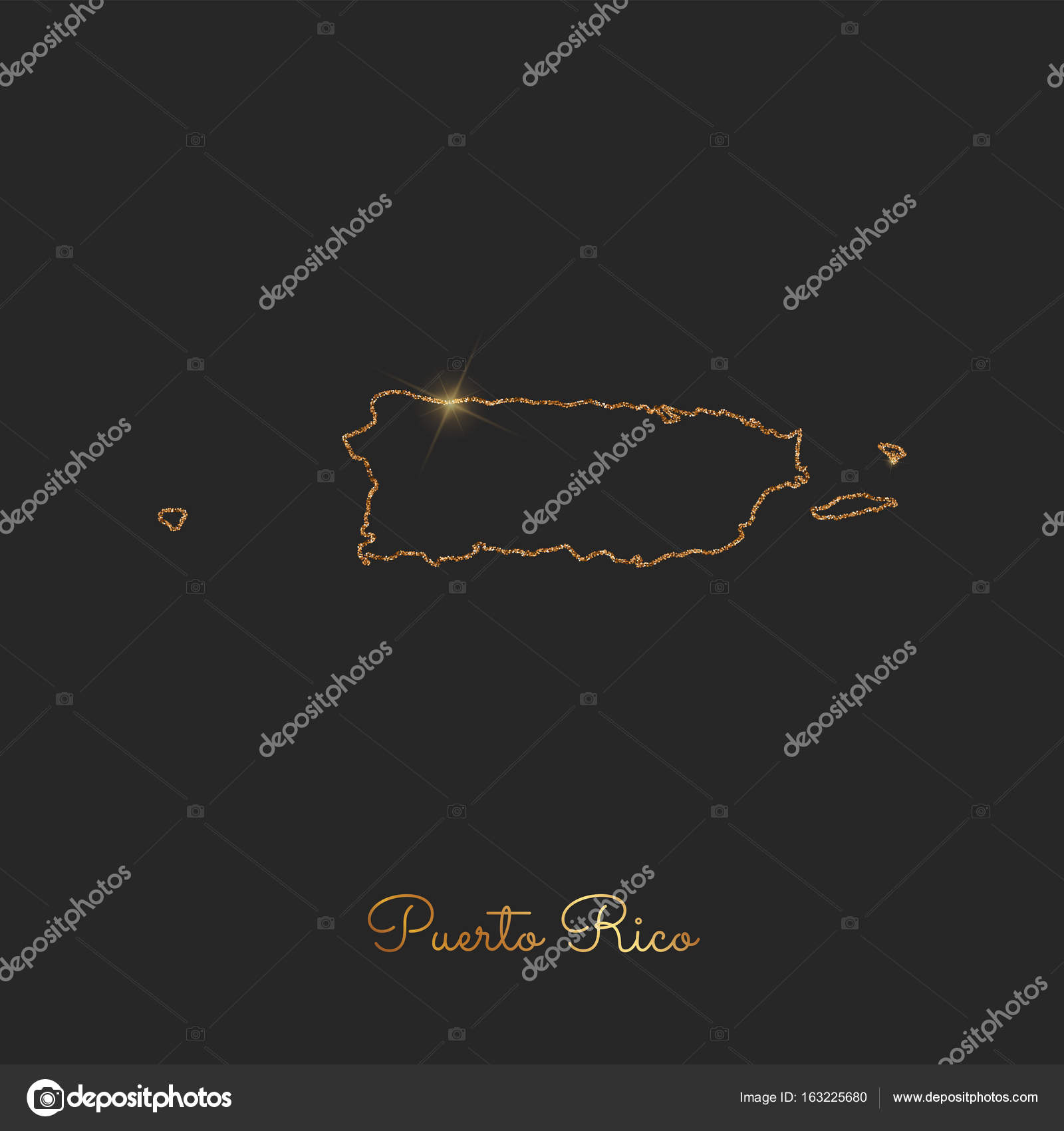 Mapa de la región de Puerto Rico contorno de brillo dorado con ...
