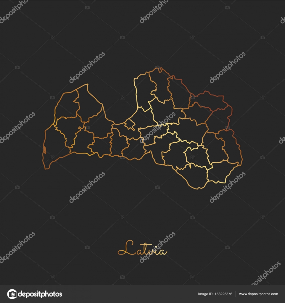 Latvia region map golden gradient outline on dark background Detailed map of Latvia regions ...