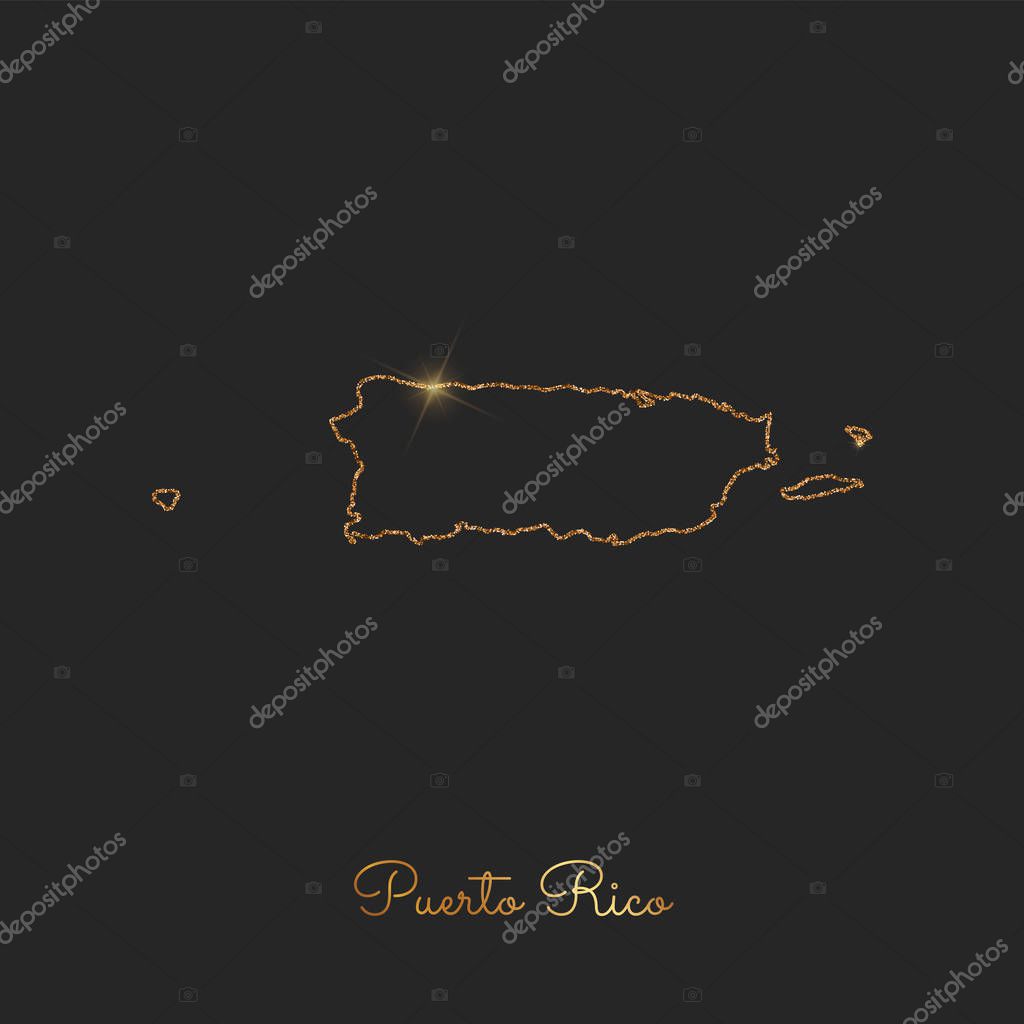 Mapa de la región de Puerto Rico contorno de brillo dorado con ...