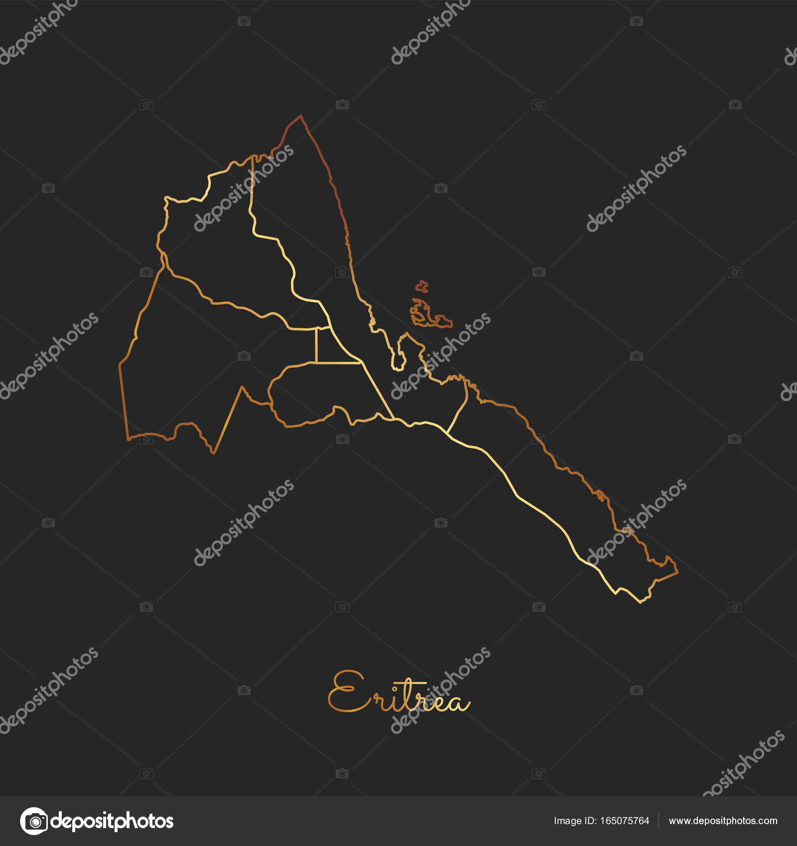 Eritrea region map golden gradient outline on dark background Detailed map of Eritrea regions ...