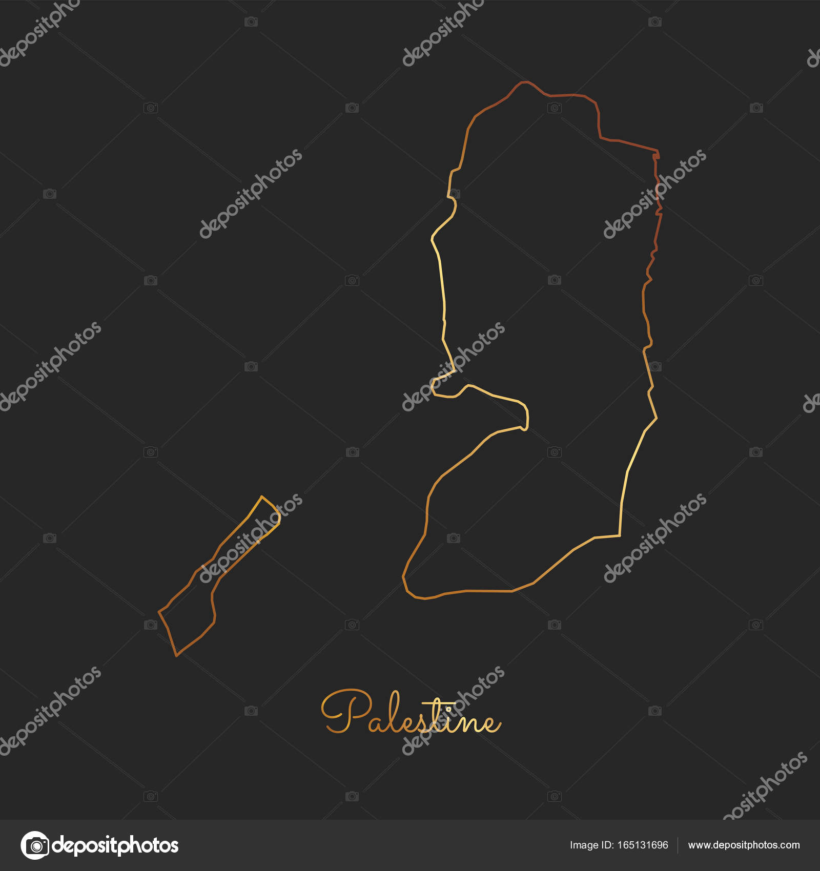 Região da Palestina mapa gradiente dourado esboço sobre fundo escuro ...