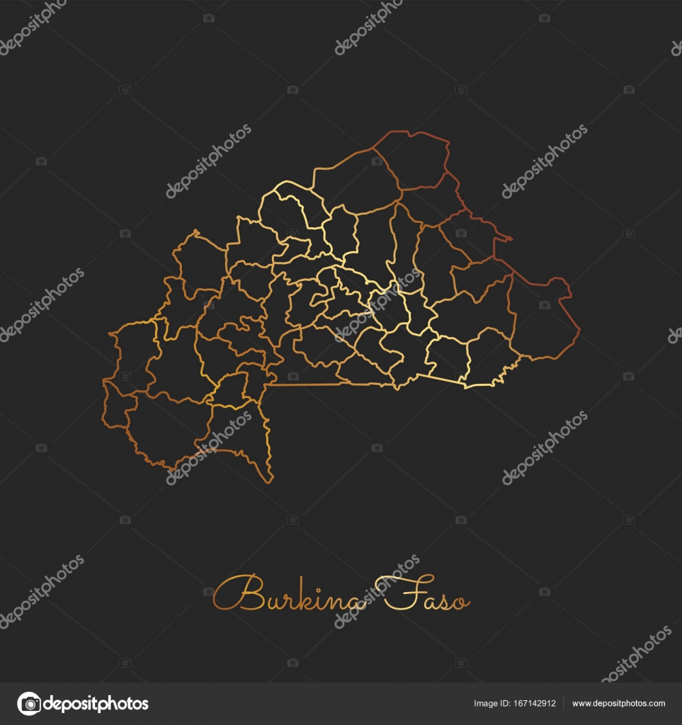 Burkina Faso region map golden gradient outline on dark background Detailed map of Burkina Faso ...
