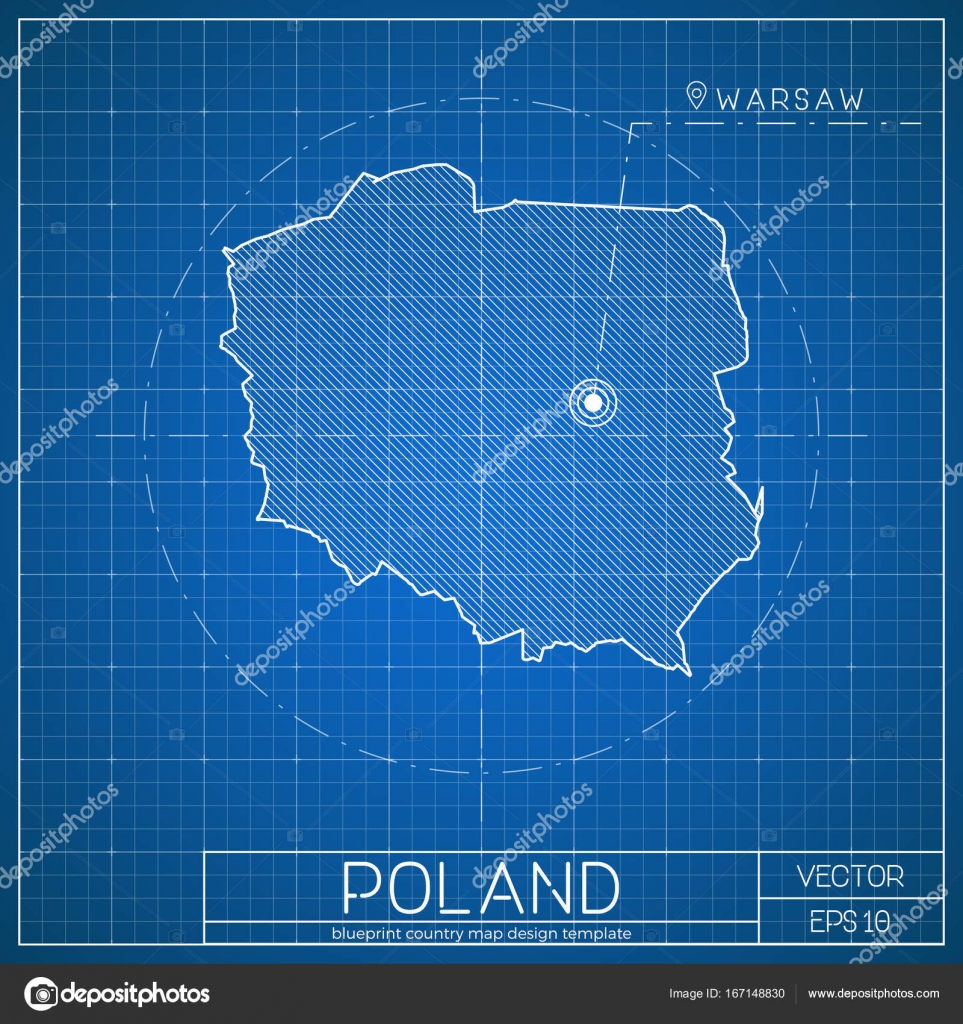 Poland blueprint map template with capital city Warsaw marked on ...