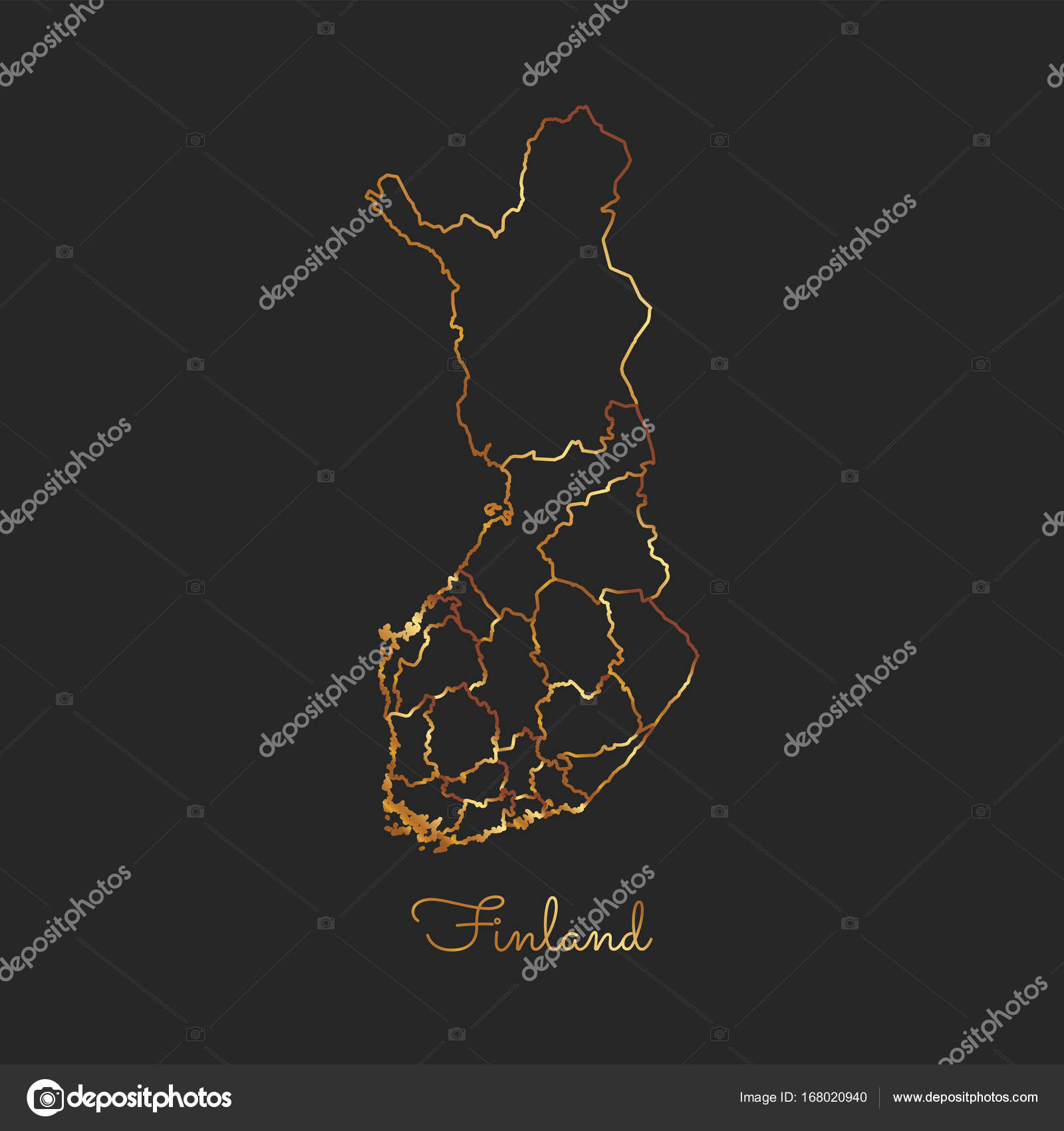Finland region map golden gradient outline on dark background Detailed ...