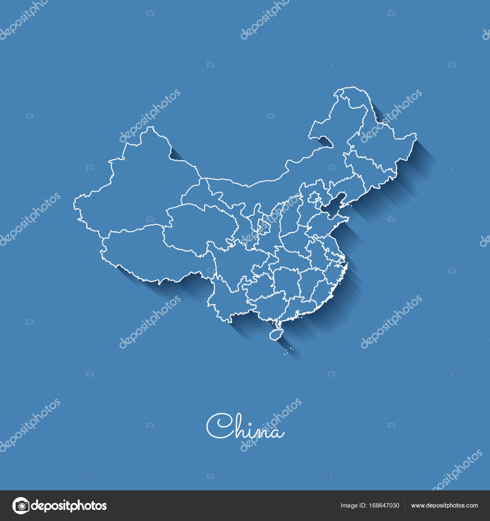 Mapa da região da China azul com contorno branco e sombra sobre fundo ...