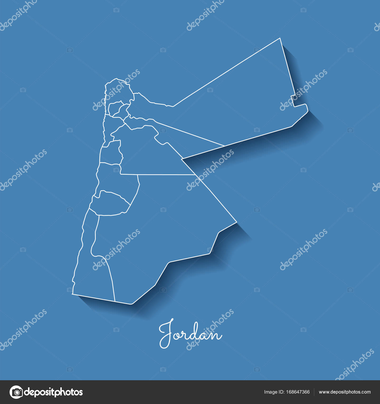 Jordan region map blue with white outline and shadow on blue background ...