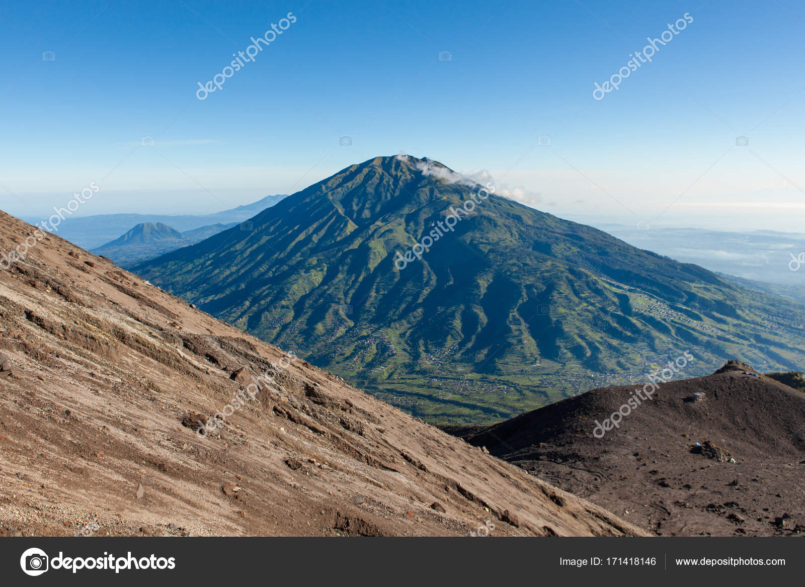 Green Merbabu mountain from Merapi mountain slope at Java island in ...