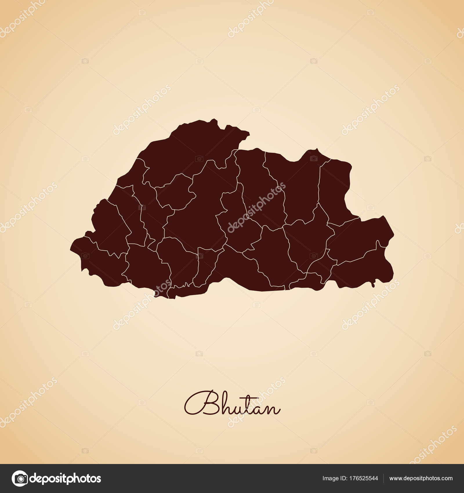 Bhutan region map retro style brown outline on old paper background ...