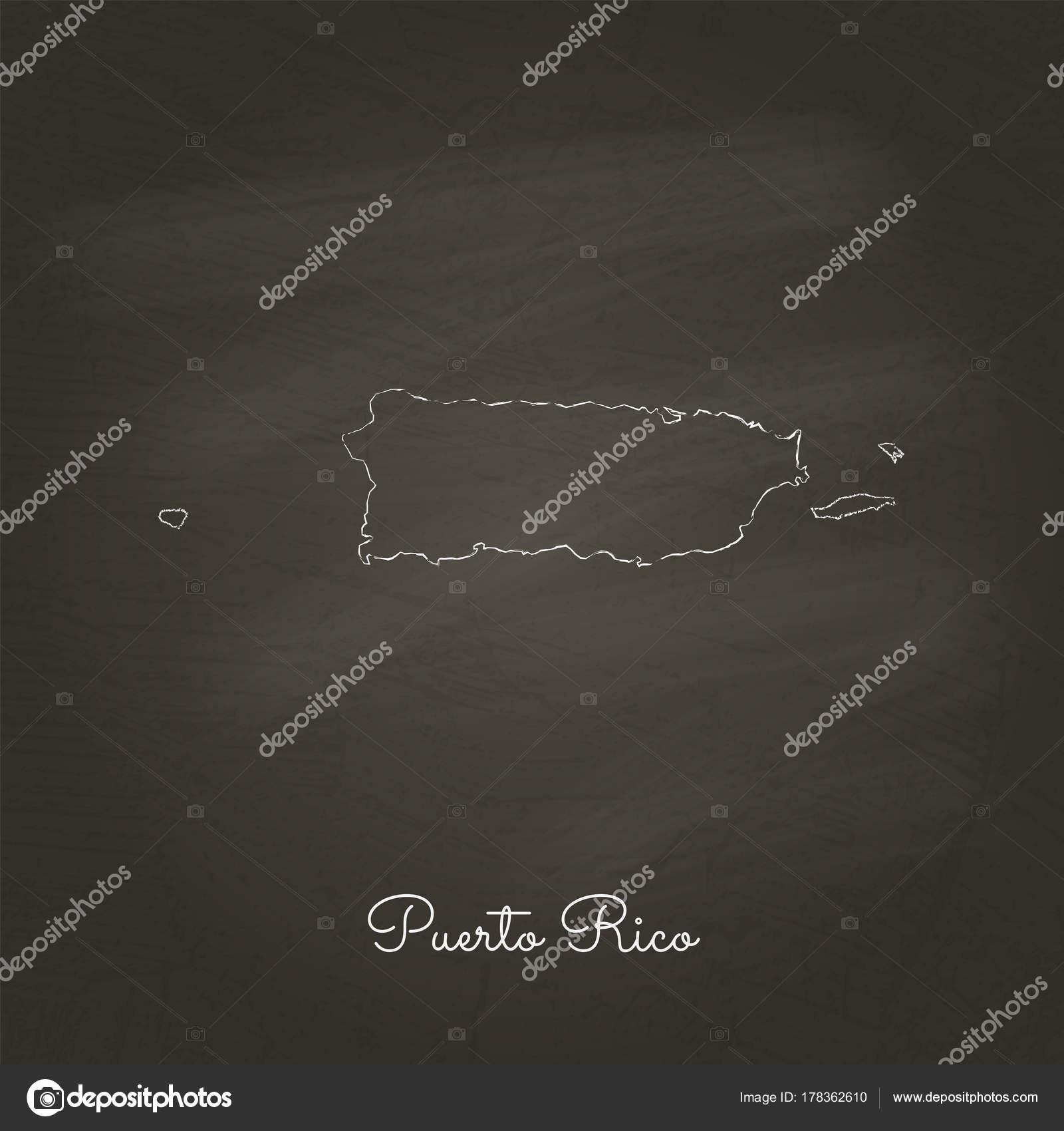 Puerto Rico region map hand drawn with white chalk on school blackboard ...