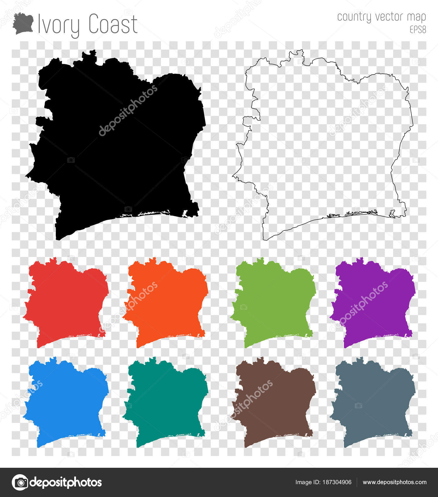 Ivory Coast high detailed map Country silhouette icon Isolated Ivory ...