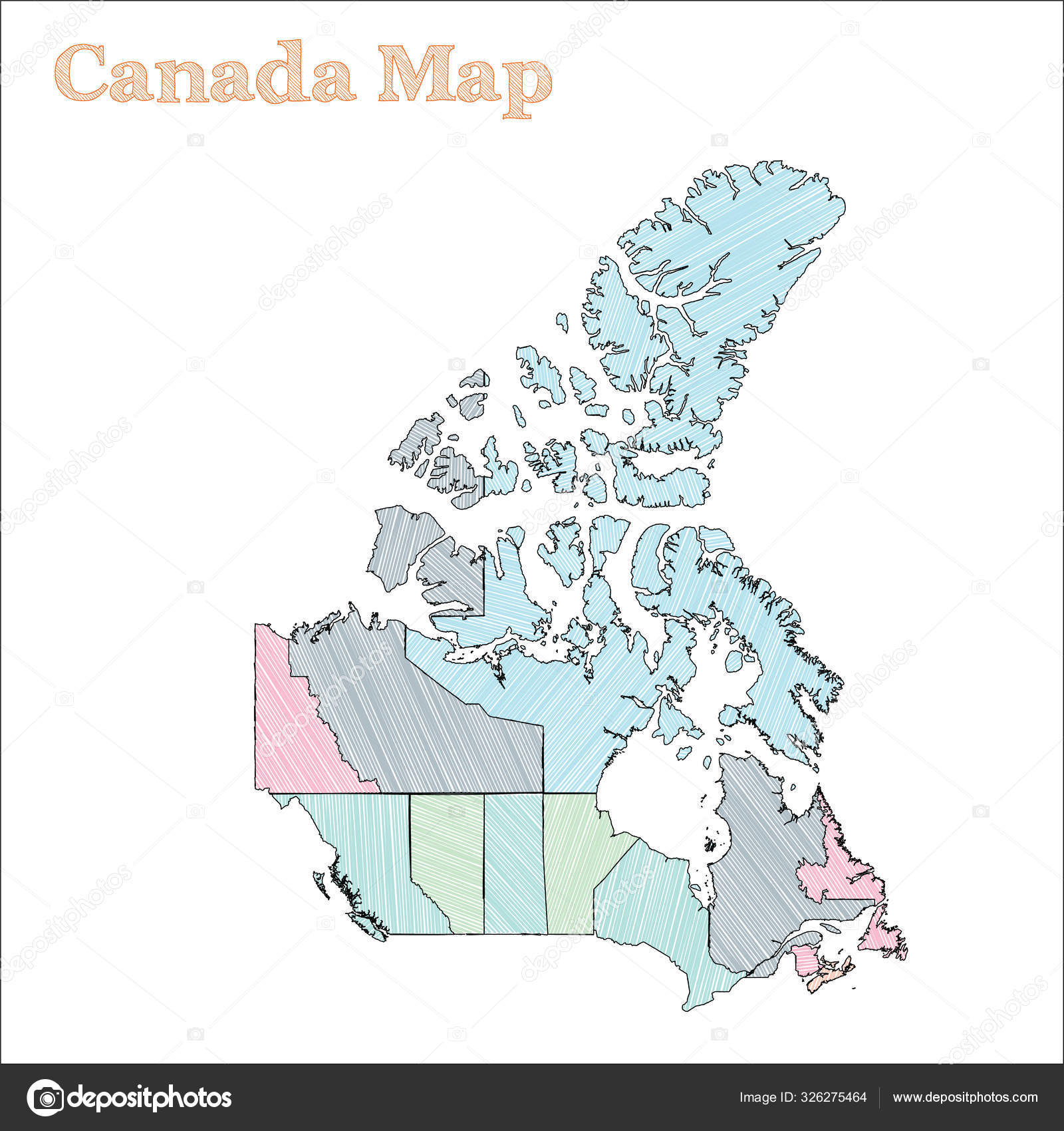 Canada handdrawn map Colourful sketchy country outline Curious map with ...