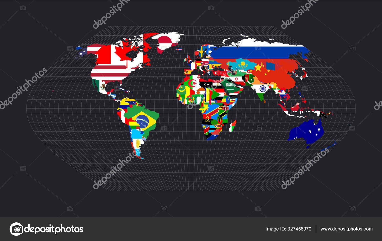 Map World Flags Eckert Projection Map World Meridians Dark Background ...