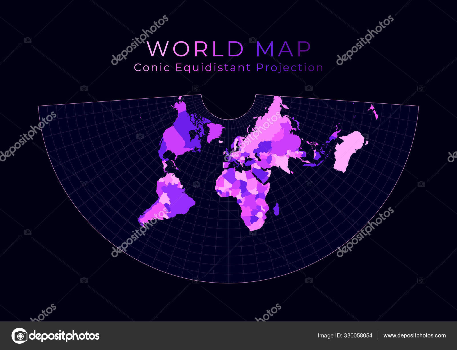 World Map Conic Equidistant Projection Digital World Illustration ...
