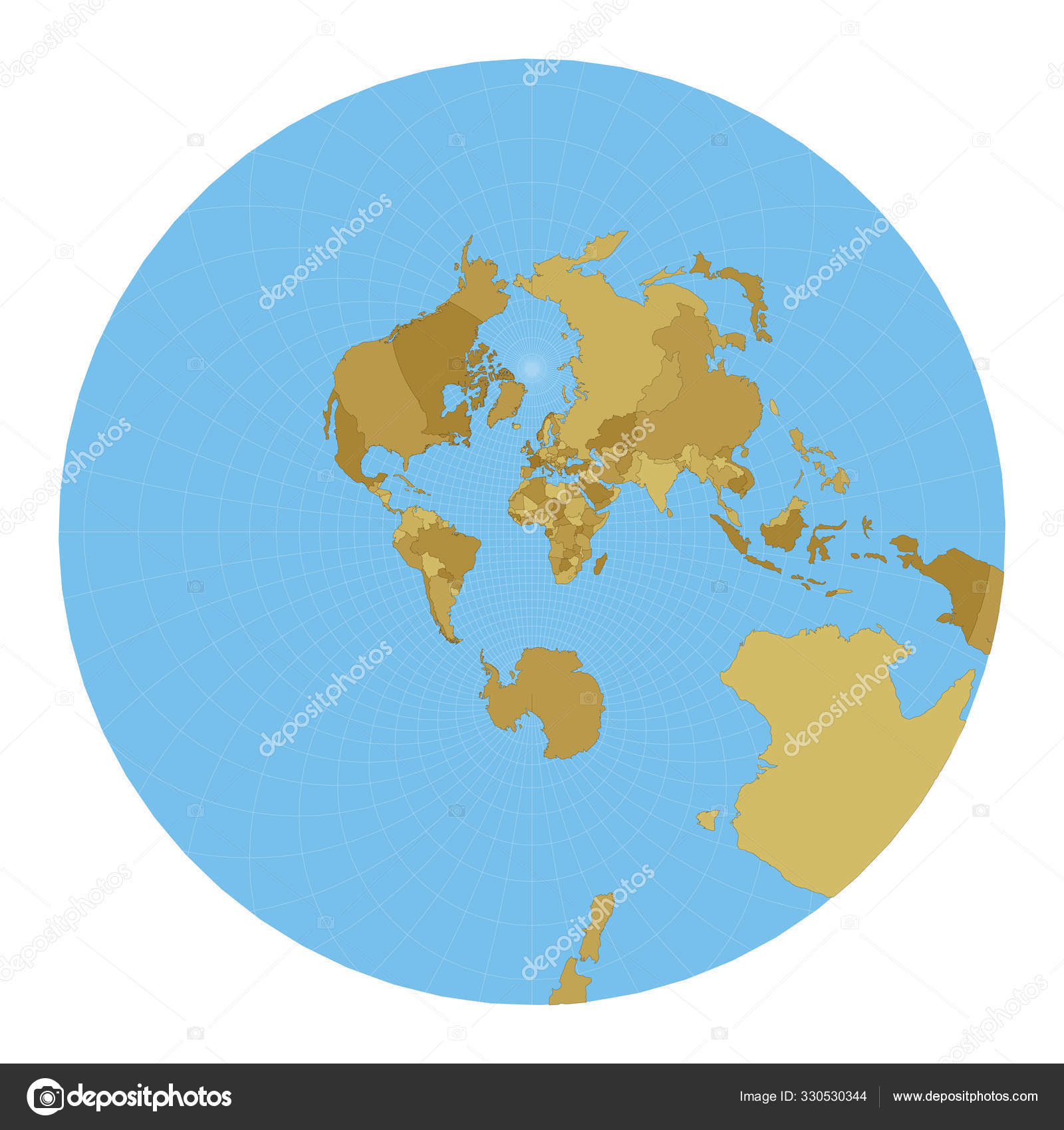 World Map Stereographic Map of the world with meridians on blue ...