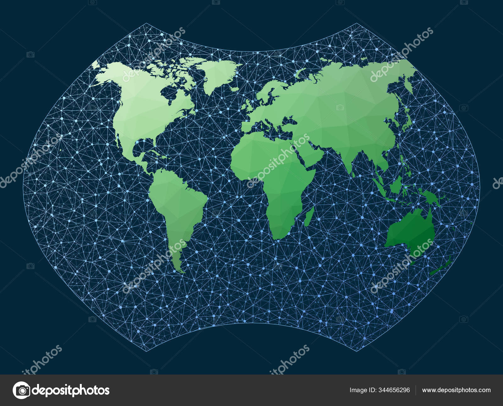 Abstract telecommunication world map Ginzburg 9 projection Green low ...