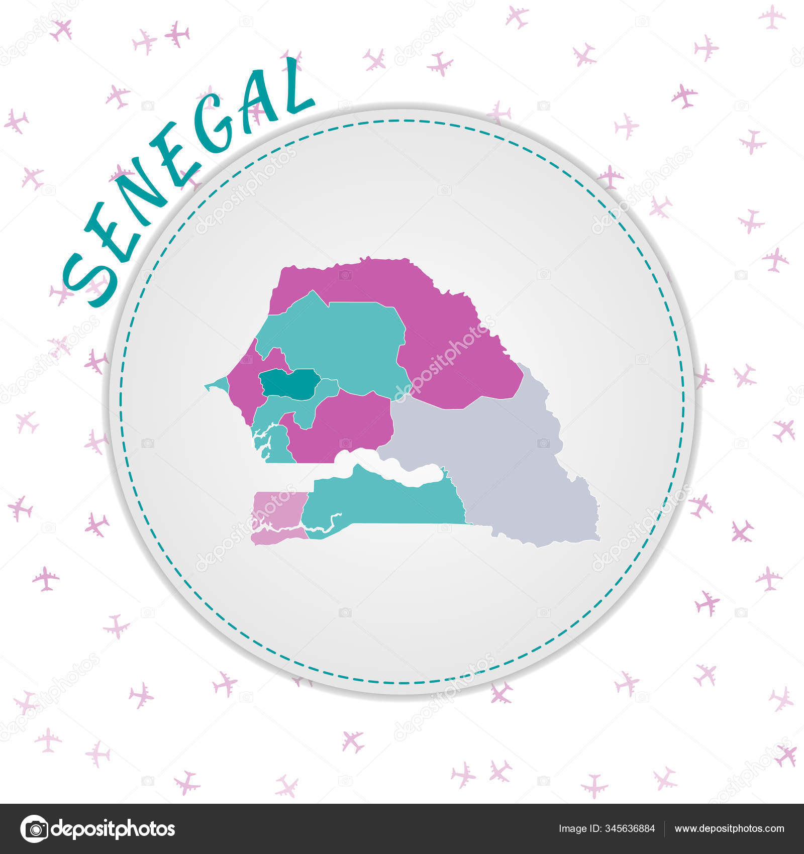 Senegal map design Map of the country with regions in emeraldamethyst ...