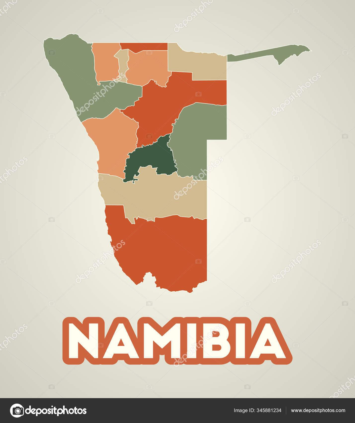 Namibia Poster Retro Style Map Country Regions Autumn Color Palette ...