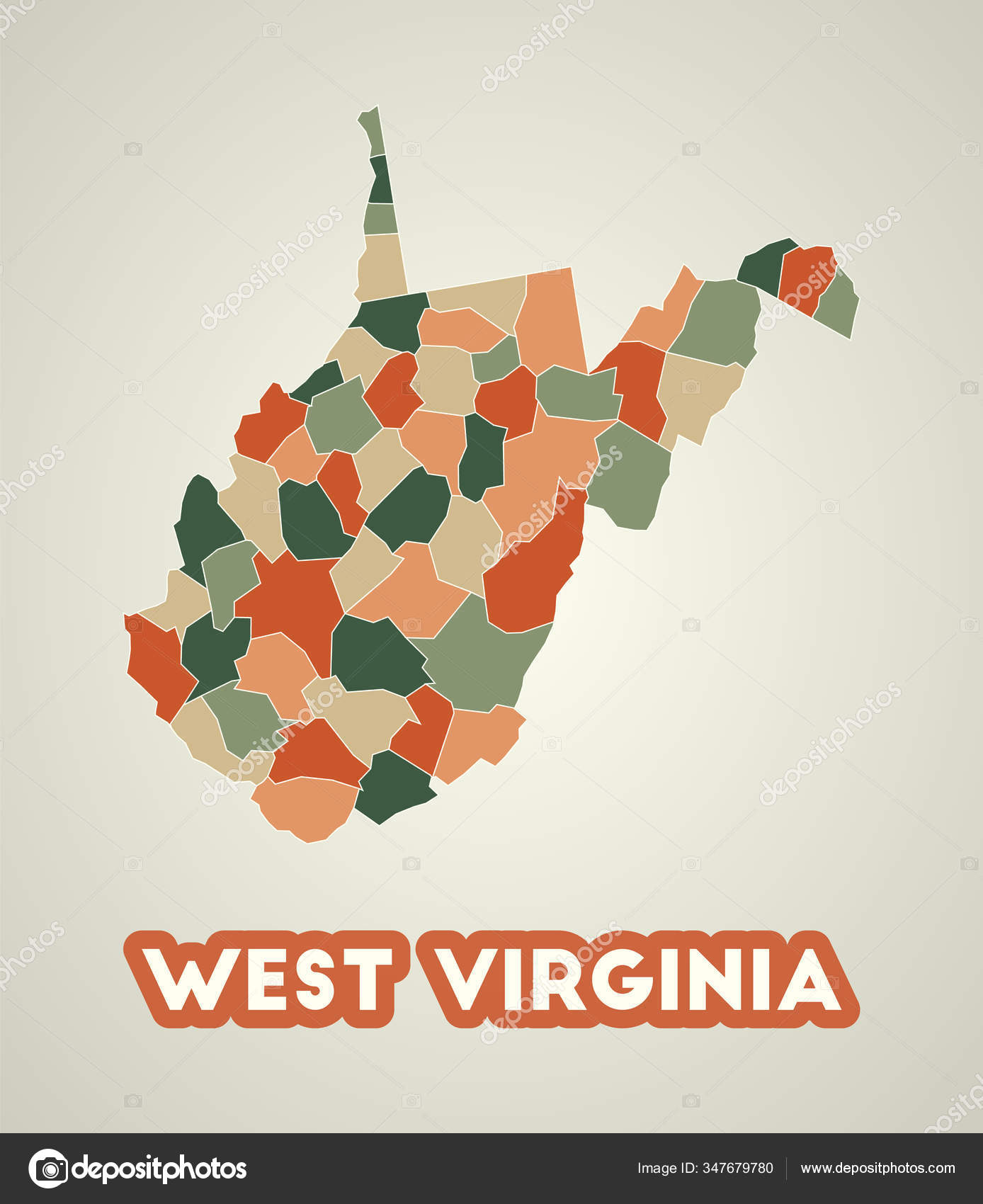 West Virginia Poster Retro Style Map State Regions Autumn Color Stock ...