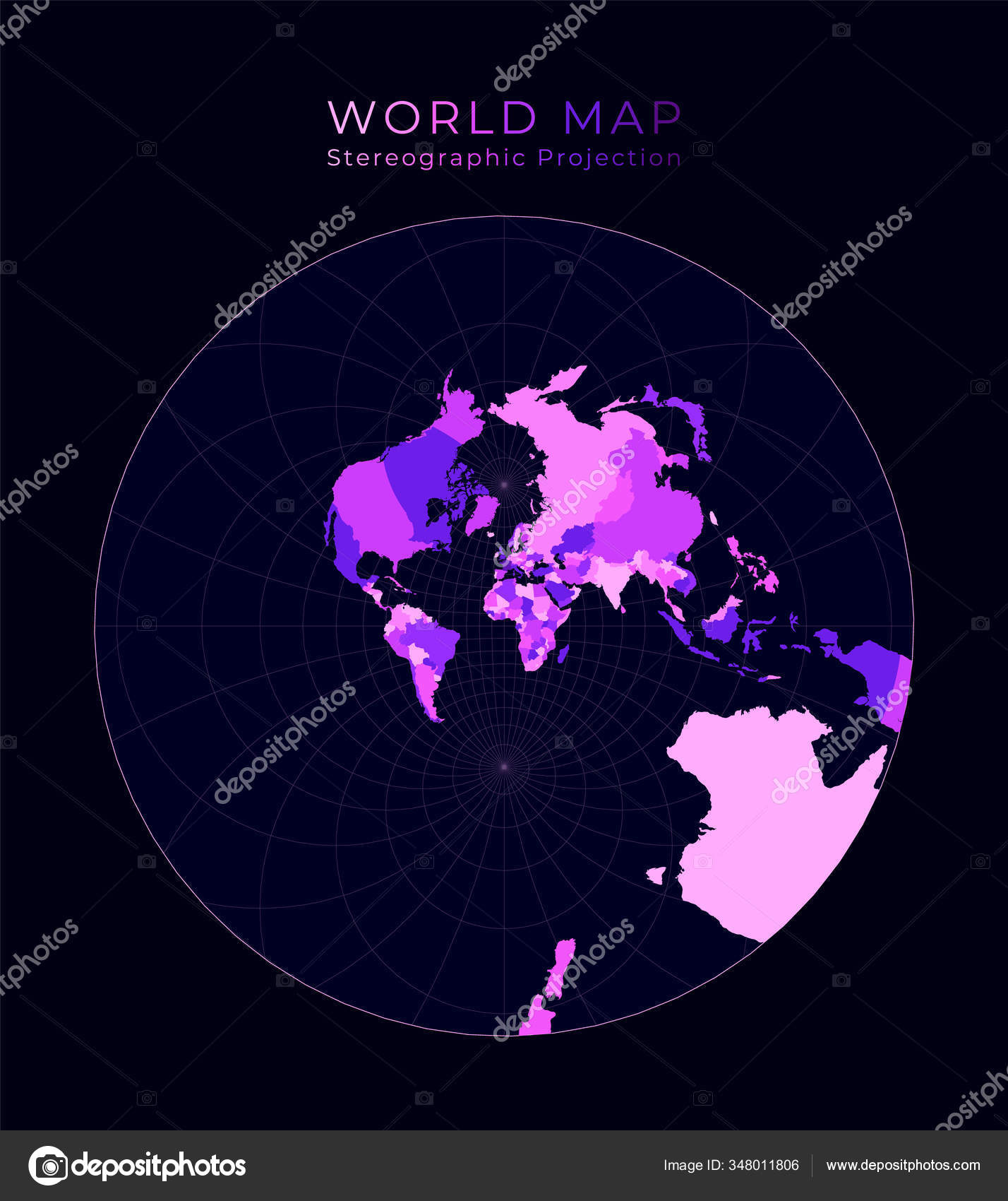 World Map Stereographic Digital world illustration Bright pink neon ...