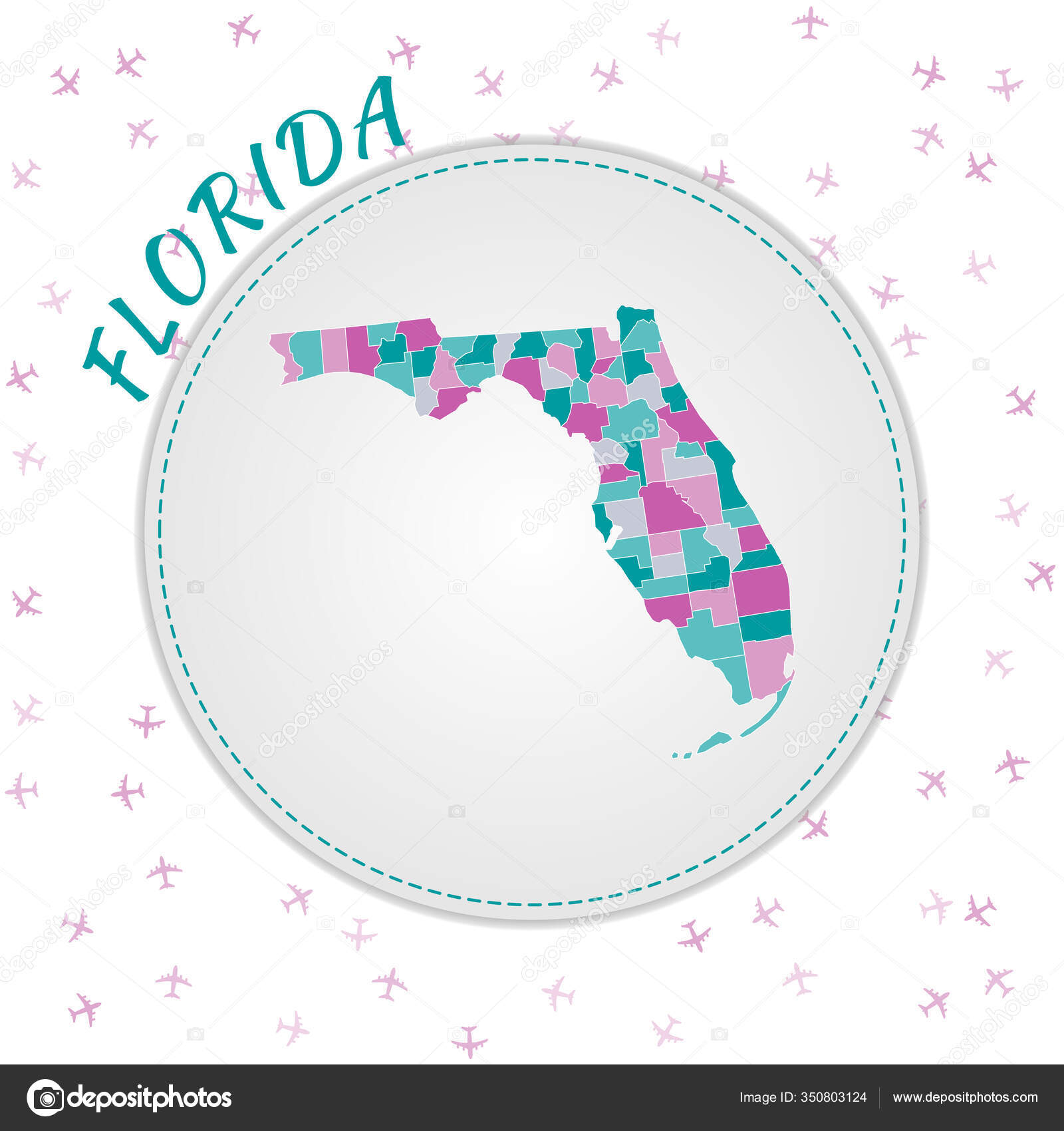 Florida map design Map of the us state with regions in emeraldamethyst ...