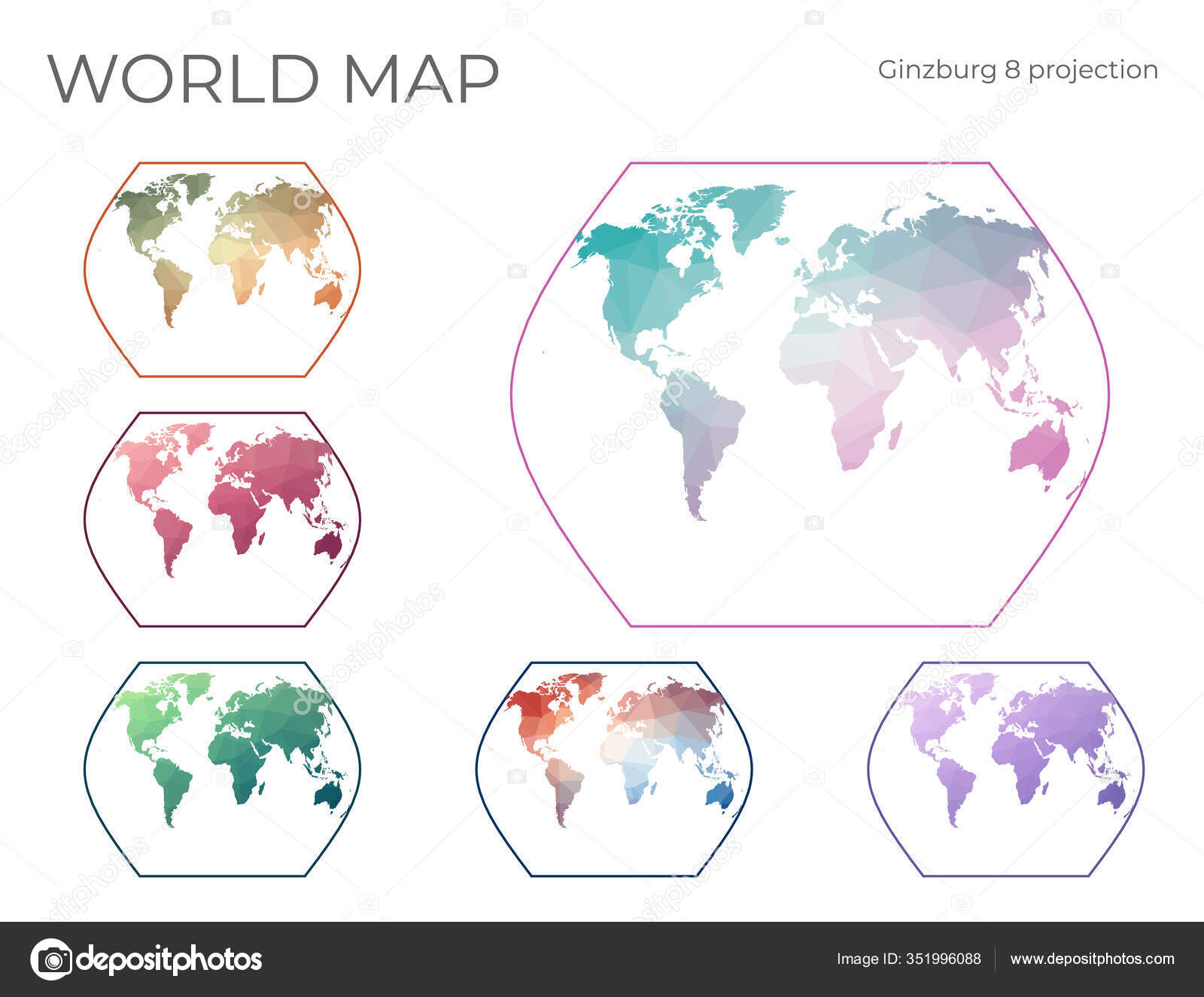 Low Poly World Map Set Ginzburg VIII projection Collection of the world ...