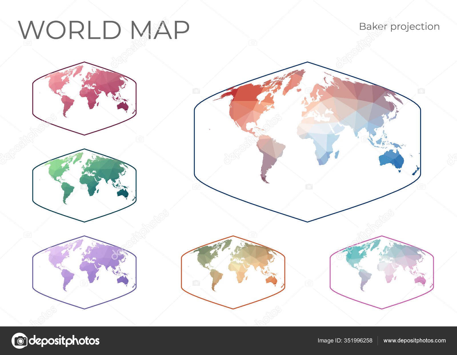 Low Poly World Map Set Baker Proyección Dinómica Colección de mapas del ...
