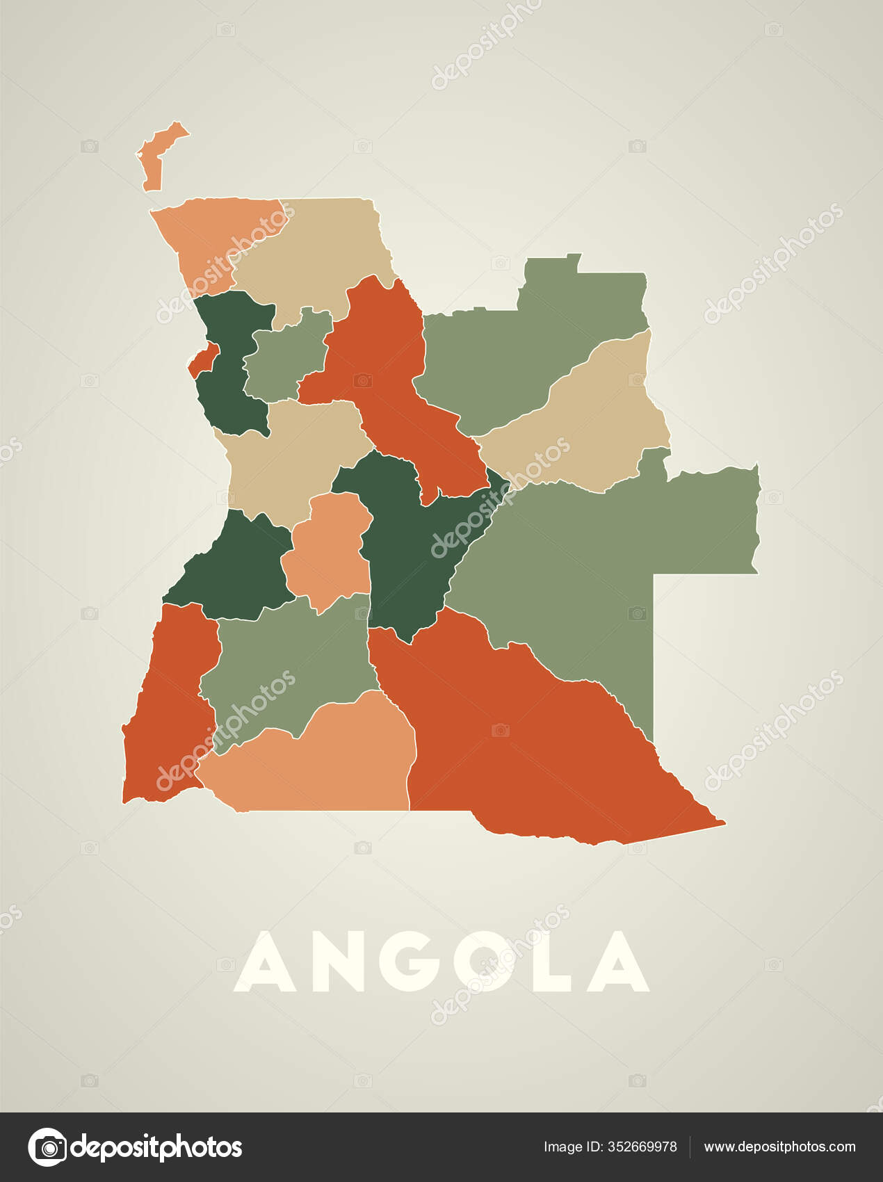 Angola Poster Retro Style Map Country Regions Autumn Color Palette ...
