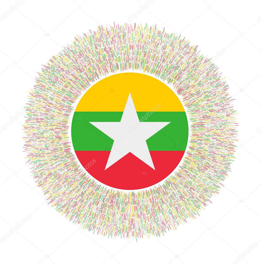 Flag of Myanmar with colorful rays. Radiant country sign. Shiny ...