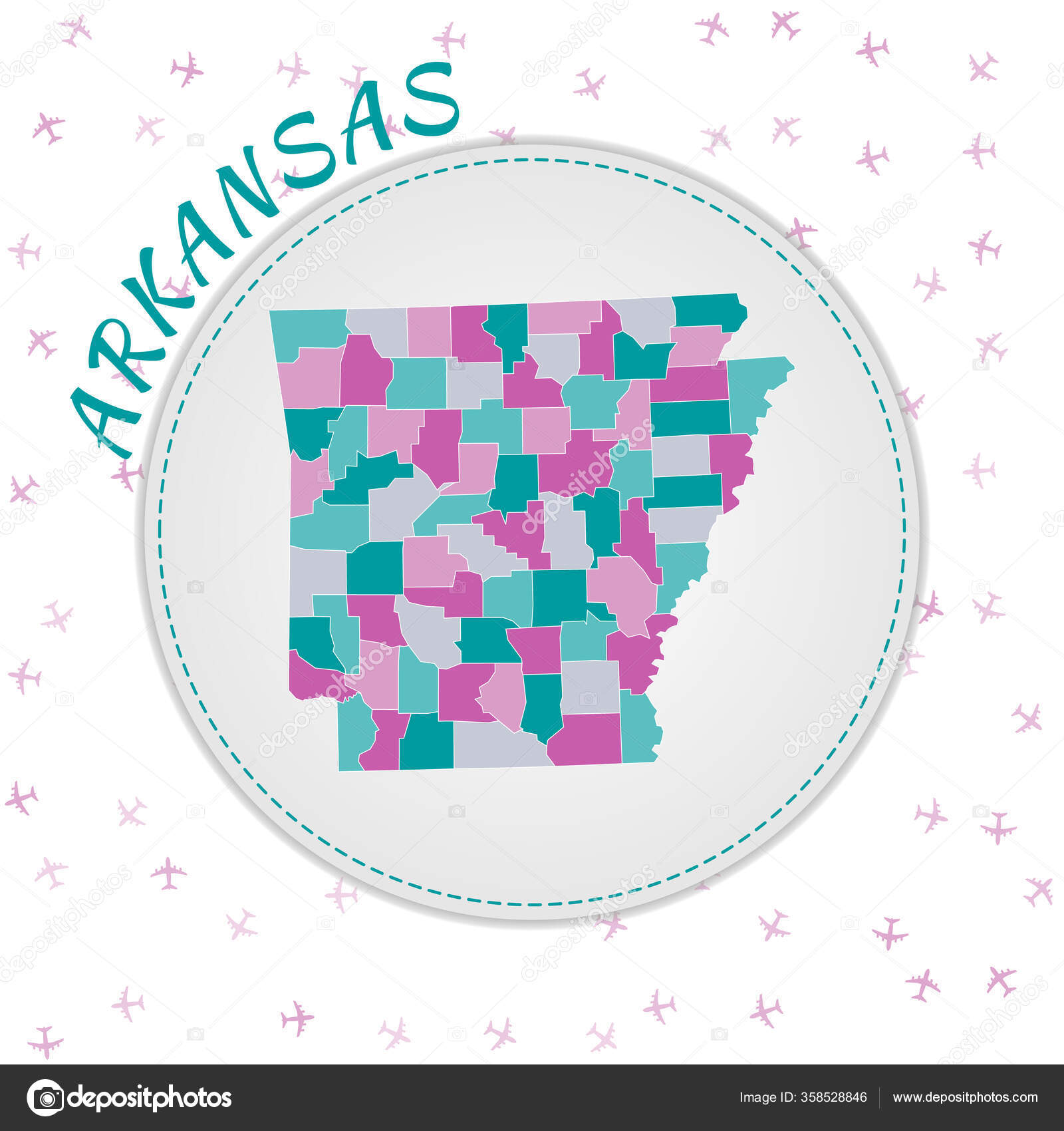 Arkansas map design Map of the us state with regions in emeraldamethyst ...