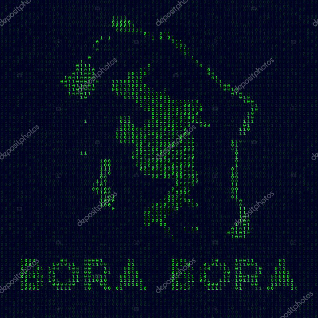Digital Bora Bora logo Island símbolo en estilo hacker Mapa de código binario de Bora Bora con ...