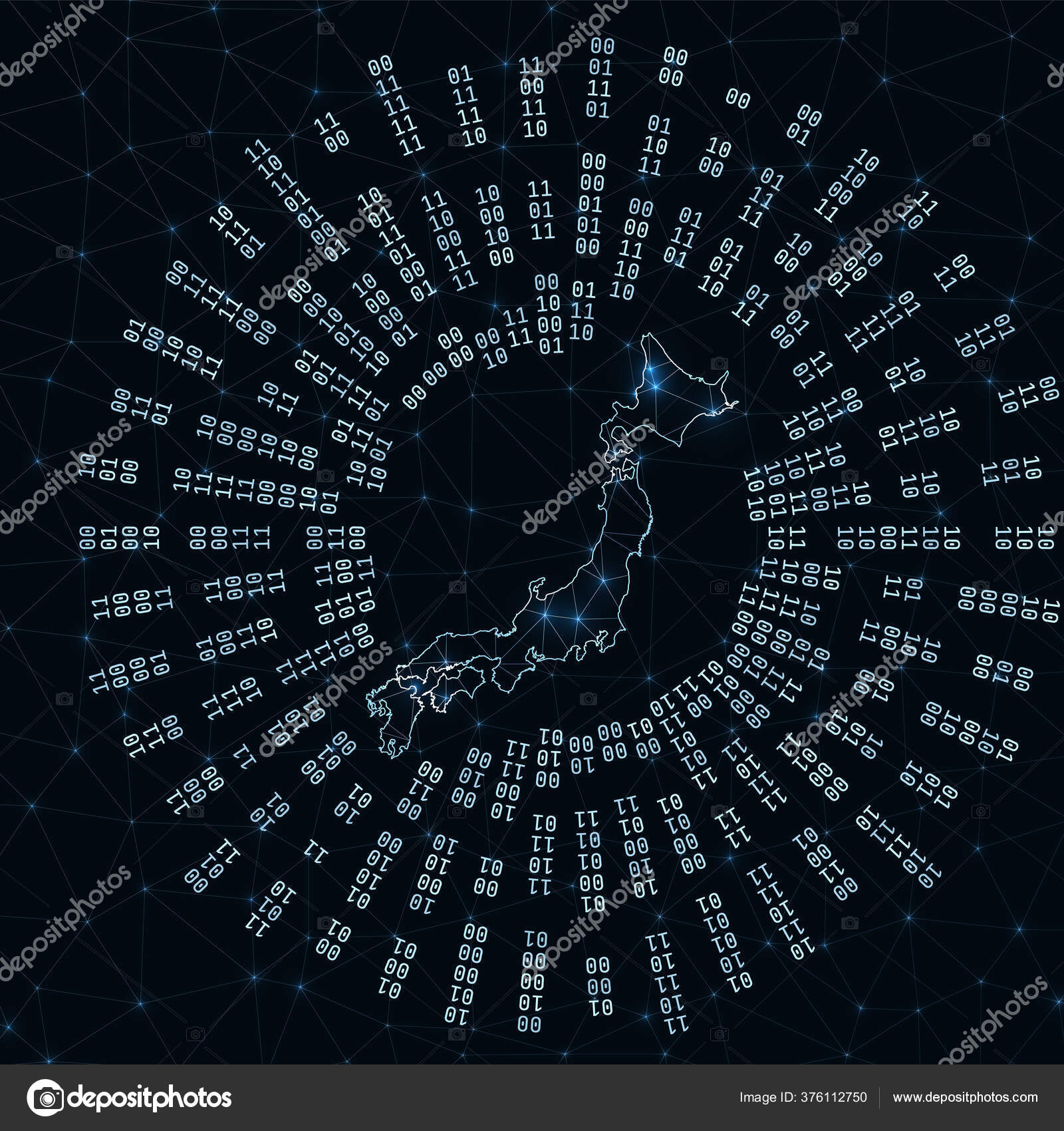 Japan digital map Binary rays radiating around glowing country Internet ...