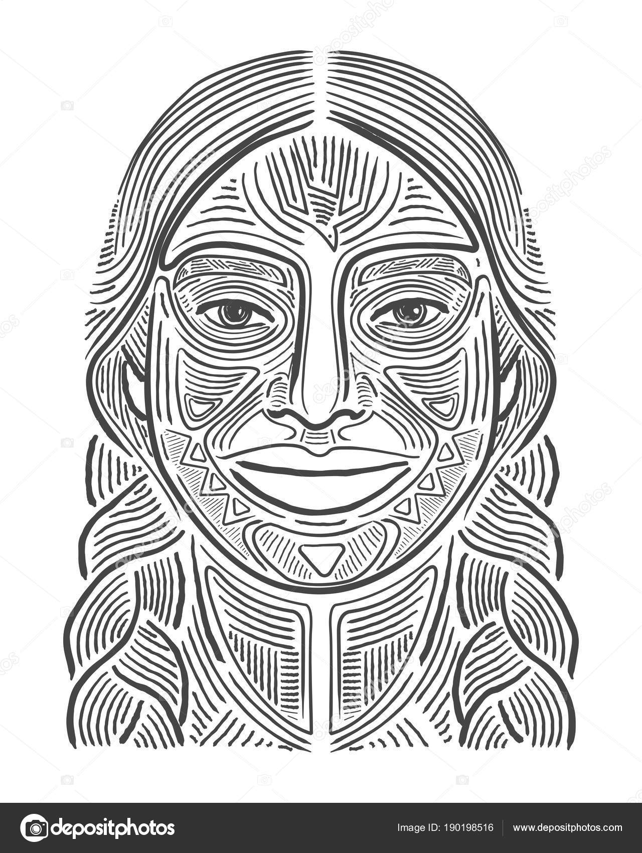 Dibujo Dibujado Mano Mujer Maya Con Tatuaje Cara Vector de stock por ...