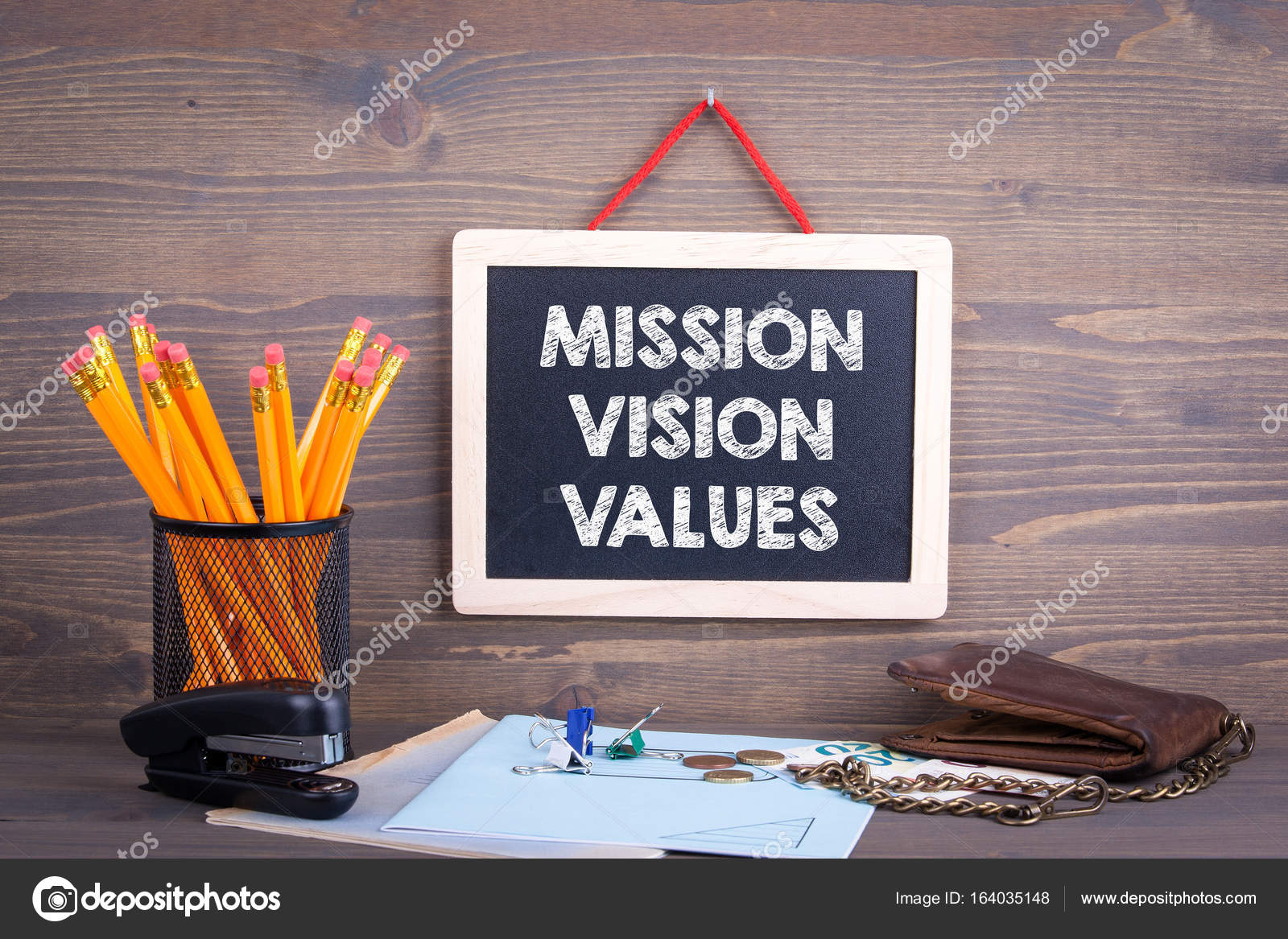 Mission, Vision and Values. Chalkboard on a wooden background Stock ...