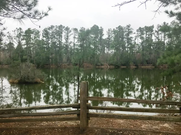 Scenic lake side trail with rustic wooden fence logs and tall pine trees of rest area in Texas ...