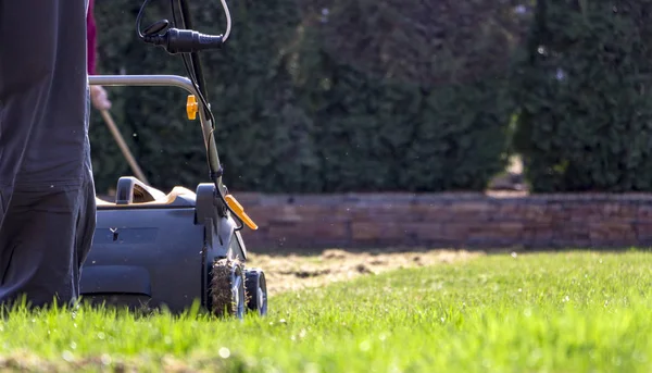 Gardener Operating Soil Aeration Machine on Grass Lawn Stock Photo by ...