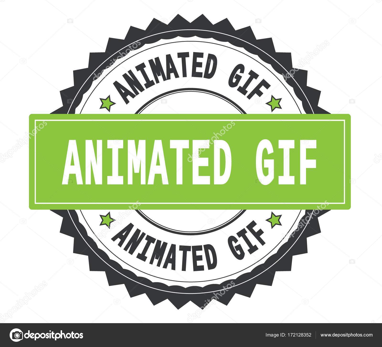 ANIMATED GIF text on grey and green round stamp, with zig zag bo ...