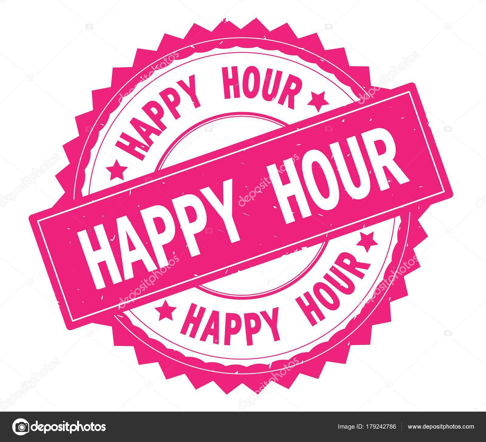 HAPPY HOUR pink text round stamp, with zig zag border. Stock ...
