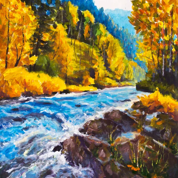 Landscape oil painting - river in autumn forest — Stock Photo © Max5799 ...