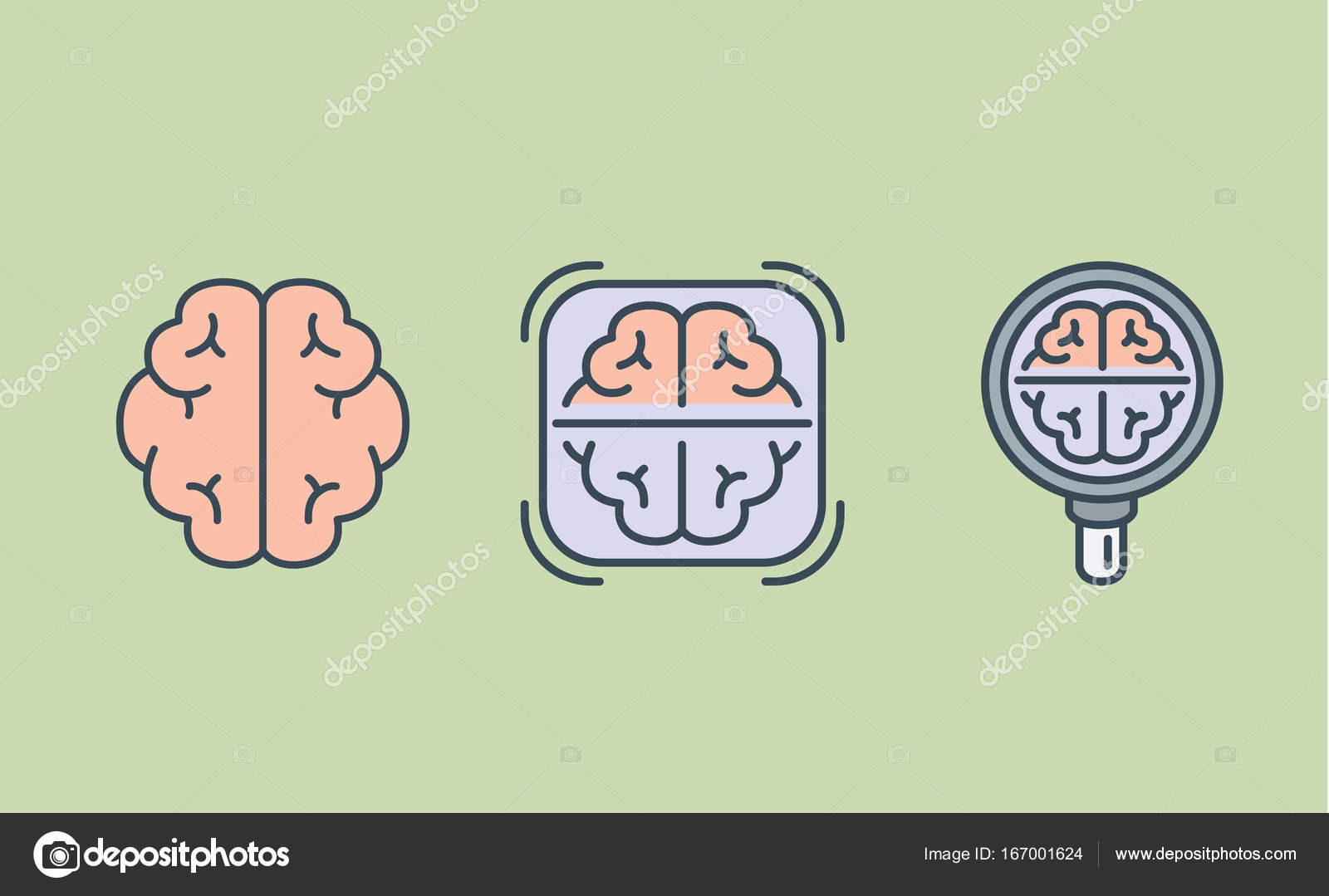 Brain icon collection with Magnifying glass and frame. — Stock Vector ...