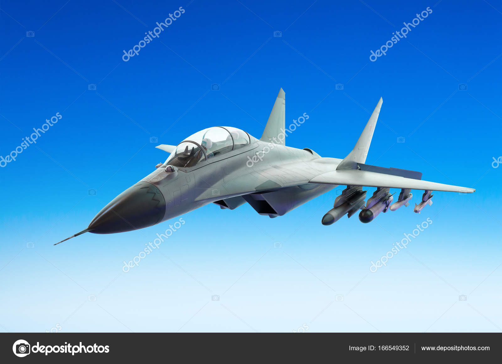 Military fighter fly above a blue sky Stock Photo by ©aapsky 166549352