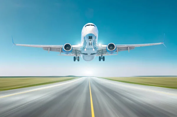 Airplane aircraft with split-scimitar wing flying departure landing ...